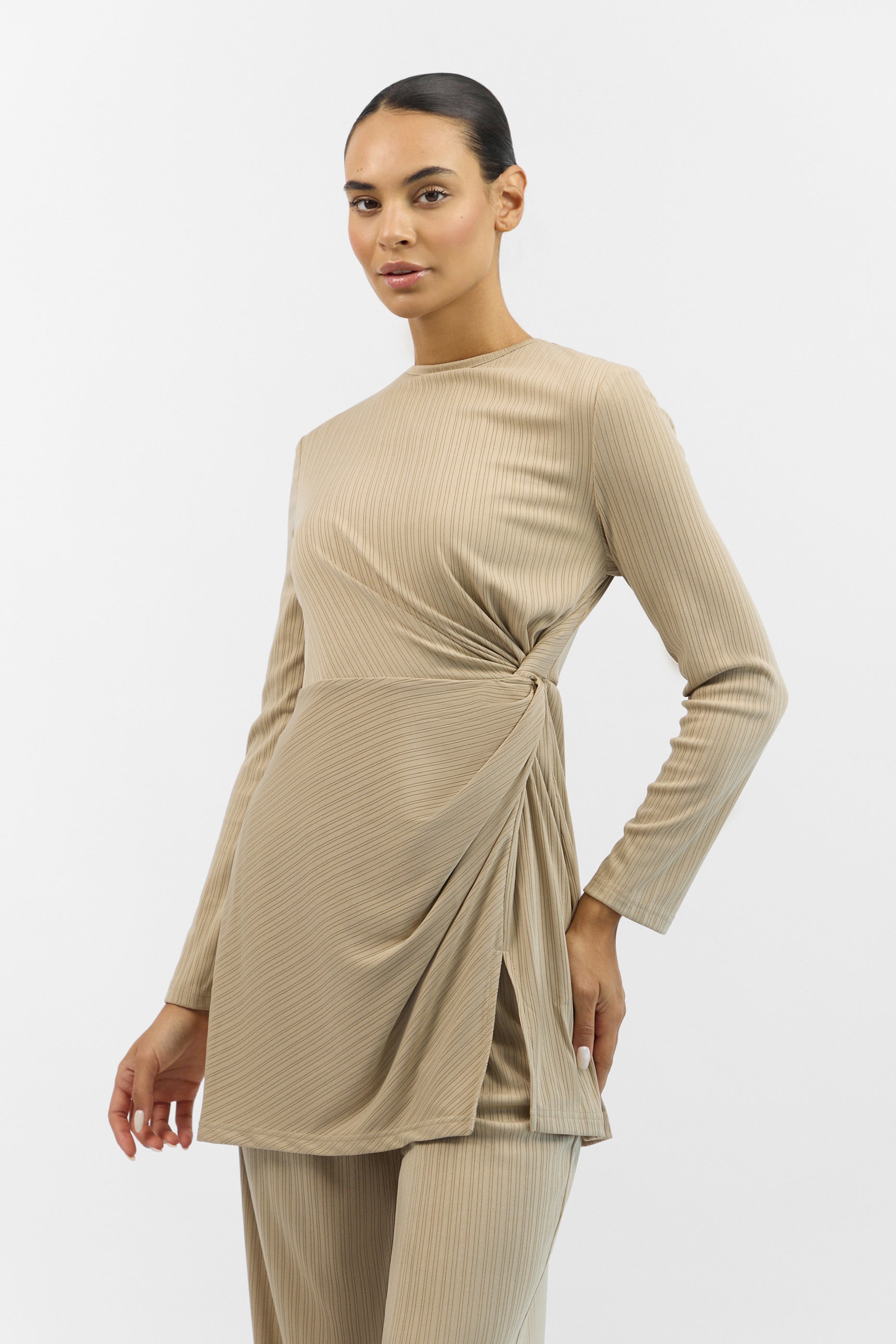 FARES Ribbed Side Twist Top – Latte | Ribbed Top for Women